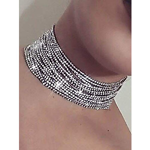 Nicute Layered Rhinestone Choker Sparkly Crystal Necklace Diamond Statement Necklace Jewelry for Women (Silver)