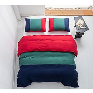 Duvet Cover Twin 3 Pieces, Three-Color Patchwork Microfiber with Three Color Blocking Bedding with Zipper Closure & Corner Ties, 1 Comforter Cover 68x90 Inch & 1 Pillow Shams (Red,Twin)