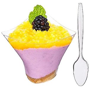 DLux 50 x 5 oz Mini Dessert Cups with Spoons, Large Swirl - Clear Parfait Appetizer Cup - Small Reusable Serving Bowl for Tasting Party Desserts Appetizers - With Recipe Ebook