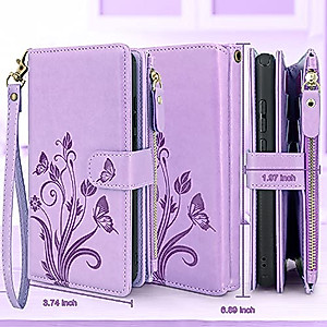 Lacass Compatible with iPhone 13 Pro 6.1 inch 2021 Case [Card Slots] ID Credit Cash Holder Zipper Pocket Detachable Magnet Leather Wallet Cover Wrist Strap Lanyard (Floral Light Purple)