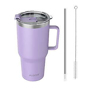 AUSOR 30 oz Tumbler with Lid and Straw,Water Bottle with Handle,Insulated Stainless Steel Tumbler for Hot & Cold, Coffee Travel Mug Cups Reusable Purple