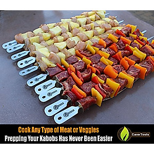 Cave Tools Skewers Set - 10 Stainless Steel Wide BBQ Kebob Sticks for BBQ Grill - Flat Metal with Food Remover Disc - BBQ Accessories, 17.3 Inch