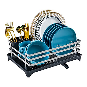 Zarnicy Dish Drying Rack with Drainboard - Dish Racks for Kitchen Counter - Rust Resistant Carbon Steel Dish Drainer with Adjustable Swivel Spout and Removable Cutlery Holder