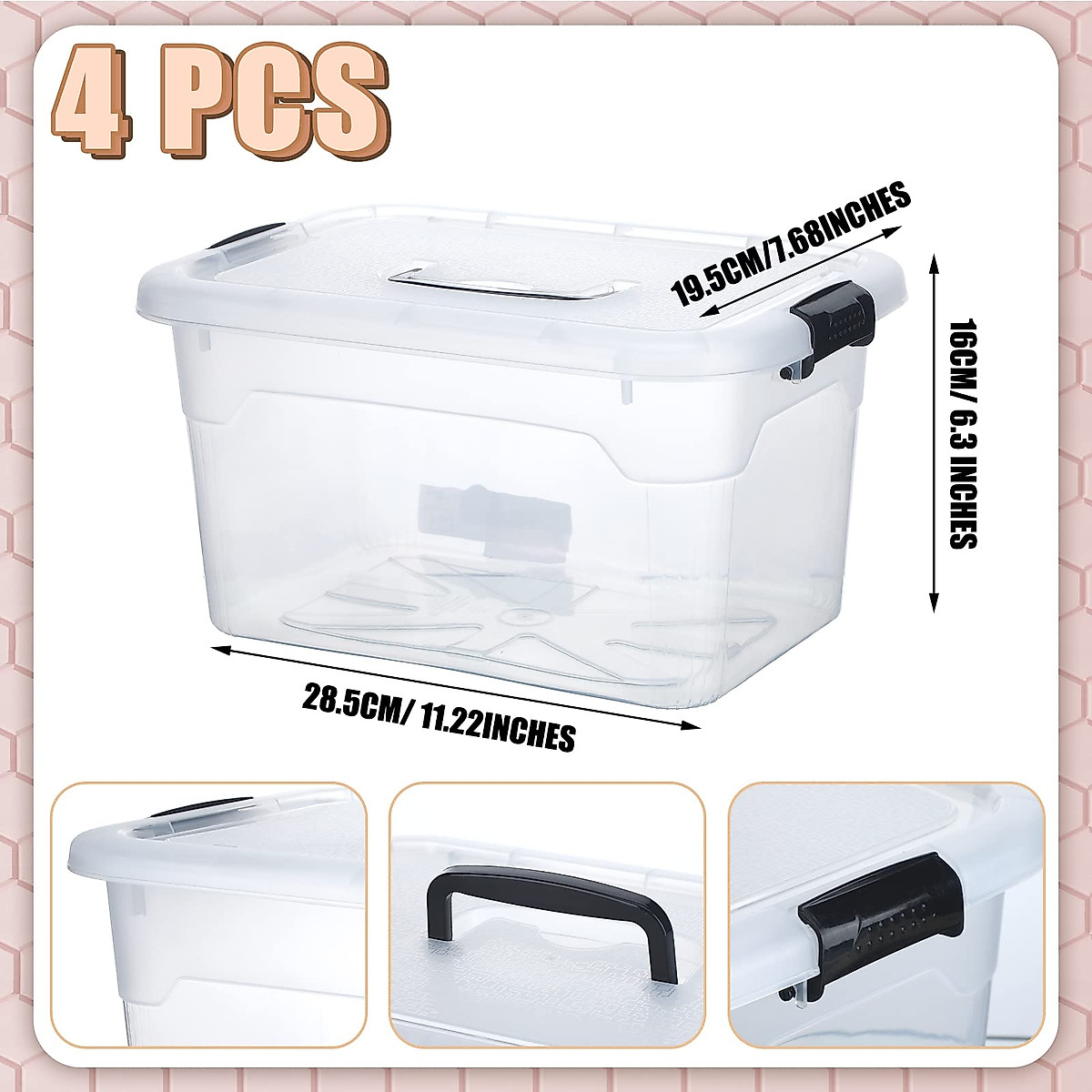 Sadnyy 4 Pack Clear Plastic Storage Latch Box Stackable Plastic Storage Bins with Latching Lids and Wheels Clear Large Storage Boxes Organizing Container for Home Garage Closet Classroom (15 Quart)