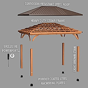 Backyard Discovery Barrington 16 ft. x 12 ft. Hip Roof Cedar Wood Gazebo Pavilion, Shade, Rain, Hard Top Steel Metal Roof, All Weather Protected, Wind Resistant up to 100 mph, Holds up to 7800 lbs