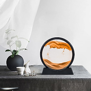Moving Sand Art Picture 3D Deep Sea Sandscape Liquid Motion Display Flowing Sand Frame Round Glass 3D Quicksand Painting Decor Relaxing Art Desktop Toys Home Office Decoration (7in, Orange)