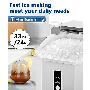 Joy Pebble Nugget Ice Maker, 10,000pcs/33lbs/Day, Portable Handheld Nugget Ice Maker Machine with Handle, Ice Makers Countertop Self-Cleaning, Ice Scoop and Basket, for Home/Office/Party, White