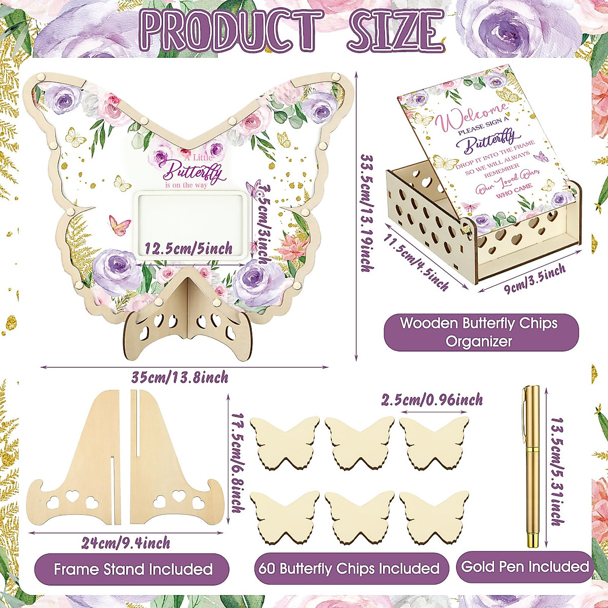 Wenqik 63 Pcs Baby Shower Guest Book Alternatives Set Baby Shower Guestbook with Photo Frame Baby Sonogram Frame Keepsake 60 Wood Slices Guest Book for Birthday(Butterfly)