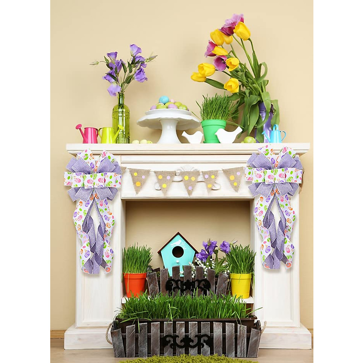 2 Rolls Easter Eggs Ribbons 2.5 Inch ×5 Yards, White Purple Burlap Ribbon Bows for Wreath, Holiday Craft Wired Edge Ribbons Bows for Easter Party Gift Wrapping Decorations