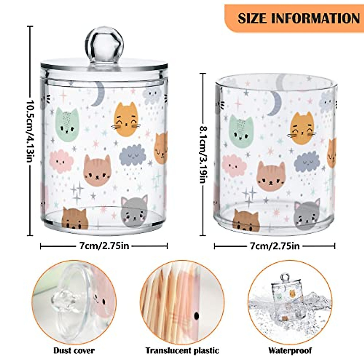 xigua 2 Pack Cute Little Cats Apothecary Jars with Lid, Qtip Holder Storage Containers for Cotton Ball, Swabs, Pads, Clear Plastic Canisters for Bathroom Vanity Organization (10 Oz)