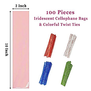 Yotelab Easter Iridescent Holographic Cellophane Treat Bags, 2x10 Inches Pretzel Bags with Ties, Pretzels Individual Bags, Prezetels Sticks Bags,100Pieces
