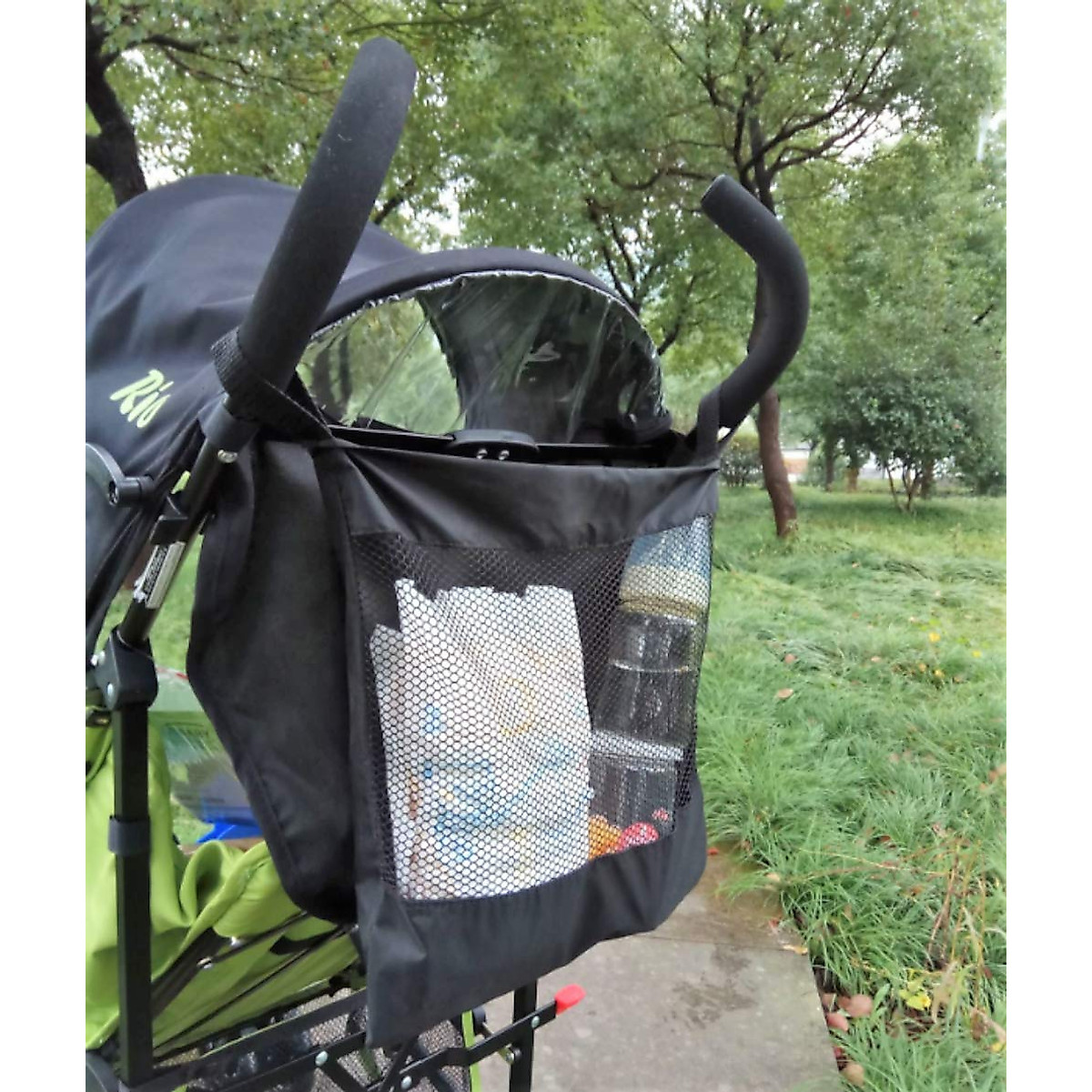 Eunika Baby Stroller Organizer Storage Bag (3 Pcs), Kid Stroller Accessories Travel Hanging, Snap Button Dual Layered Pocket Pram Accessories, Free Gifts Stroller Hooks Black Stroller Mesh Bag