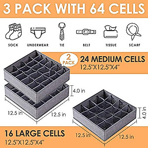 Criusia 6 Pack Sock Underwear Organizer Dividers, 128 Cell Drawer Organizers Fabric Foldable Cabinet Closet Organizers and Storage Boxes for Storing Socks, Underwear, Ties (16+24+24 Cell)
