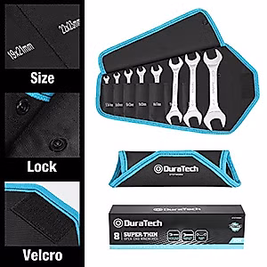 DURATECH Super-Thin Open End Wrench Set, Metric, 8-Piece, Including 5.5, 7, 8, 9, 10, 11, 12, 13, 14, 17, 19, 21, 22, 23, 24, 27 mm, Slim Spanner Wrench Set with Rolling Pouch