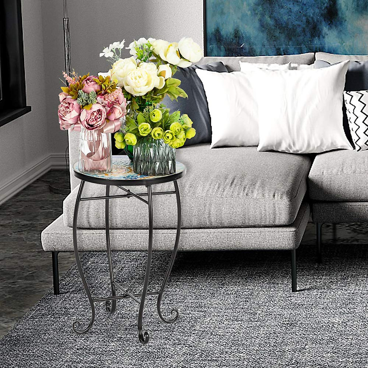 GBNIJ gt5-ly Blue Hawaii Inlaid Stained Glass Sun Mosaic Round Terrace Tavern Table, Suitable for Garden Plant Side Table​​, Any Beach Theme Decoration