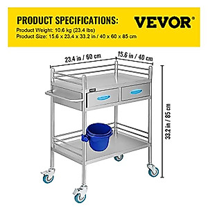 VEVOR Lab Serving Cart Utility Cart Stainless Steel Medical Cart with Two Drawers for lab Equipment Use Grade I Stainless Steel Utility Services (2 Shelves/ 2 Drawer)