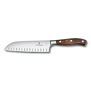 Victorinox Grand Maitre Santoku Knife - Sharp Kitchen Knife - Ergonomic Chopping Knife for Kitchen Essentials - Wooden Handle, Fluted Edge, 7"