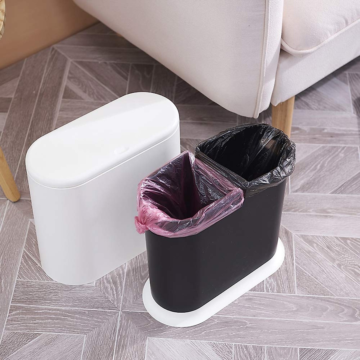 8 Liters / 2.6 Gallon Nordic Style Creative Spring Top Cover Type Pop Cover Waste Waste-Basket Plastic with lid Bathroom Kitchen Bedroom Office Oval Split Trash Can (White)