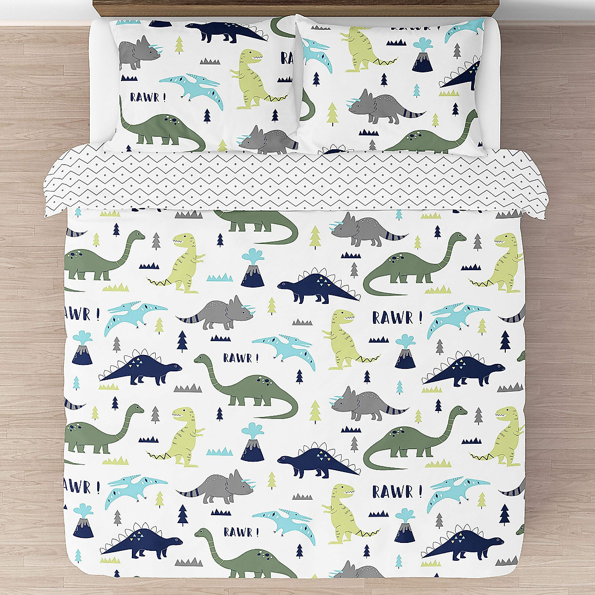 Sweet Jojo Designs Navy Blue and Green Modern Dinosaur Boys or Girls 3 Piece Full/Queen Bedding Childrens Teen Mod Dino Set