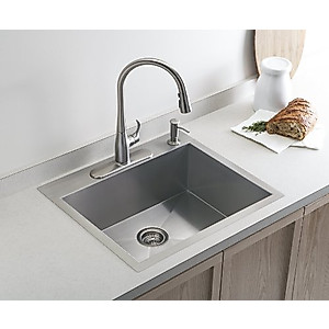 KOHLER Vault 25" Single Bowl 18 Gauge Stainless Steel Kitchen Sink with Four Faucet Holes K-3822-4-NA Drop-in or Undermount Installation, 9 Inch Bowl