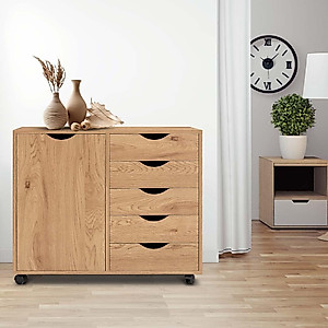 Naomi Home Amy 5 Drawer Chest, Wood Storage Dresser Cabinet with Wheels, Craft Storage Organization, Makeup Drawer Unit for Closet, Bedroom, Office File Cabinet 180 lbs Total Capacity - Natural