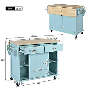Appot Kitchen Cart with Rubber Wood Drop-Leaf Countertop, Concealed Sliding barn Door Adjustable Height,Kitchen Island on 4 Wheels with Storage Cabinet and 2 Drawers