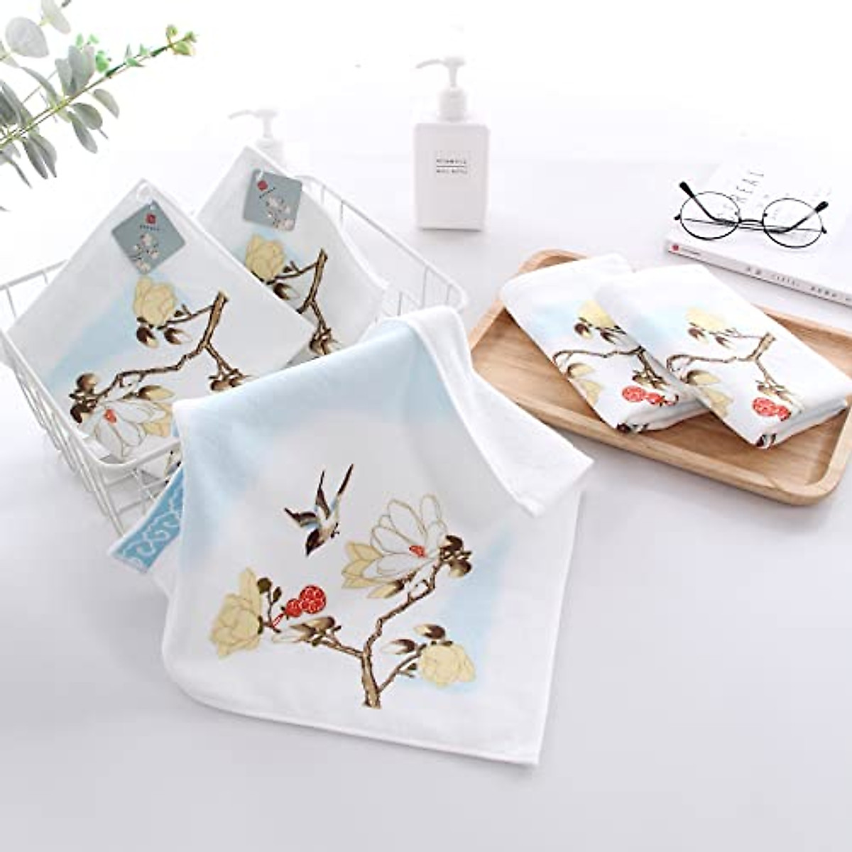 Kissvian 2-Pack Pure Cotton Square Face Towel Hand Towels, Chinese Style Imperial Garden Pattern Facial Cleansing Cloths, Ultra Soft and Gentle Washcloths for Bathroom, Size 14.5" x 14.5".