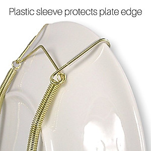 Banberry Designs Brass Vinyl Coated Plate Hanger 8 to 10 Inch - Set of 4 Pcs - Clear Vinyl Sleeves Protect the Plate - Hook and Nail Included