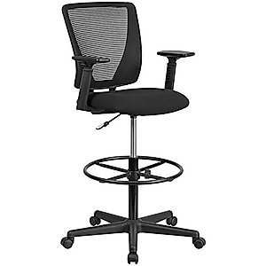 Flash Furniture Harper Ergonomic Mid-Back Mesh Drafting Chair with Black Fabric Seat, Adjustable Foot Ring and Adjustable Arms