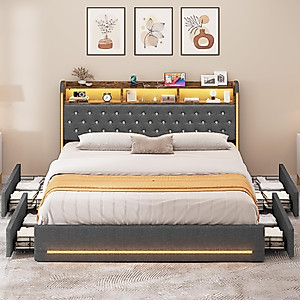 YITAHOME Queen Size Bed Frame w/4 Drawers, Upholstered Bed Frame with LED Lighting, Storage Bed Frame w/Device Charging Hub, Box Spring Not Required, Elegant Gray