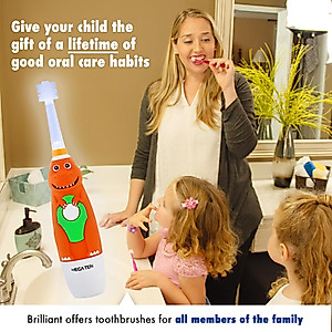 Brilliant Oral Care Kids Sonic Electric Toothbrush with Soft Bristles, Round Brush Head, LED Light, and Timer, for Children Ages 5+, Dinosaur