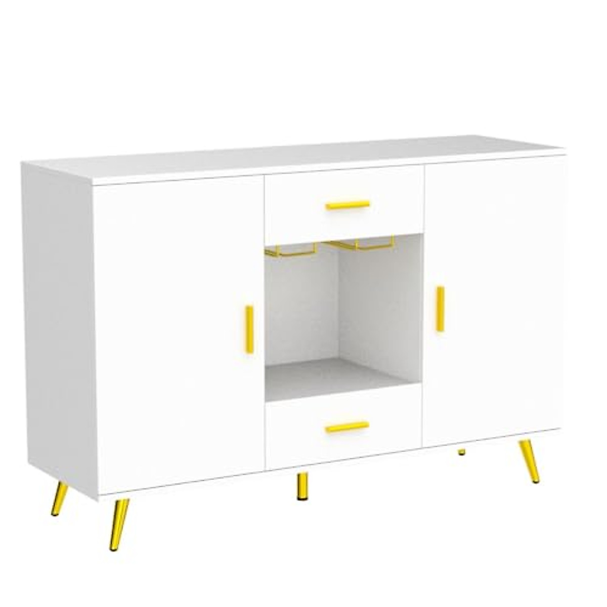 YITAHOME Sideboard Buffet, Buffet Cabinet Storage Credenza w/Adjustable Shelf, Wine Glass Holder, Drawers, Modern White & Gold Dresser 300 lbs Capacity for Living Room, Kitchen, Dining Room, White