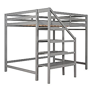 Full Loft Bed with Stairs, Wooden Loft Bed Frame with Storage and Hanger for Clothes (Full Size, Gray)