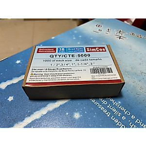 SimCos 5000 pcs 18 Gauge Brad Nails (1/2",3/4",1",1-1/4",2") Galvanized 18 GA Nail Gun Nails Assorted and Small Finishing Nails for Pneumatic, Electric Brad Nailer (package may be changed)