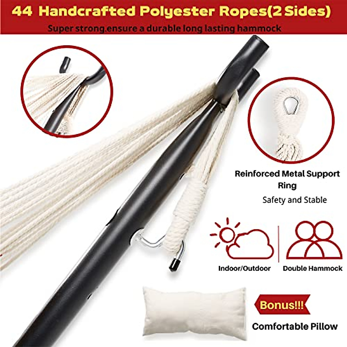 ACH Double Hammock with Stand Included 2 Person Heavy Duty Strong Portable Hammocks Indoor and Outdoor with Pillow-Carrying Bag for Outside Patio Backyard Lawn-450lb Capacity Rainbow