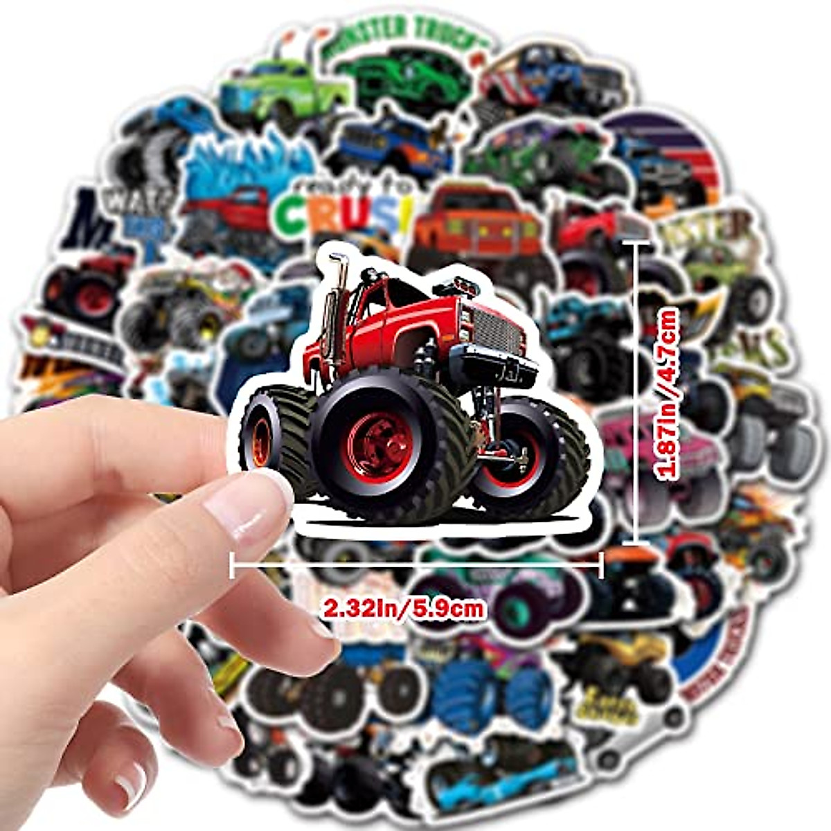 DULEFUN 50PCS Monster Truck Stickers, Truck Car Stickers for kids, Car Stickers Waterproof for Water Bottles Skateboard Car Bike Phone Case Laptop Suitcase, Monster Truck Gifts for Girls Boys Party Gifts, Monster Truck Party Favors