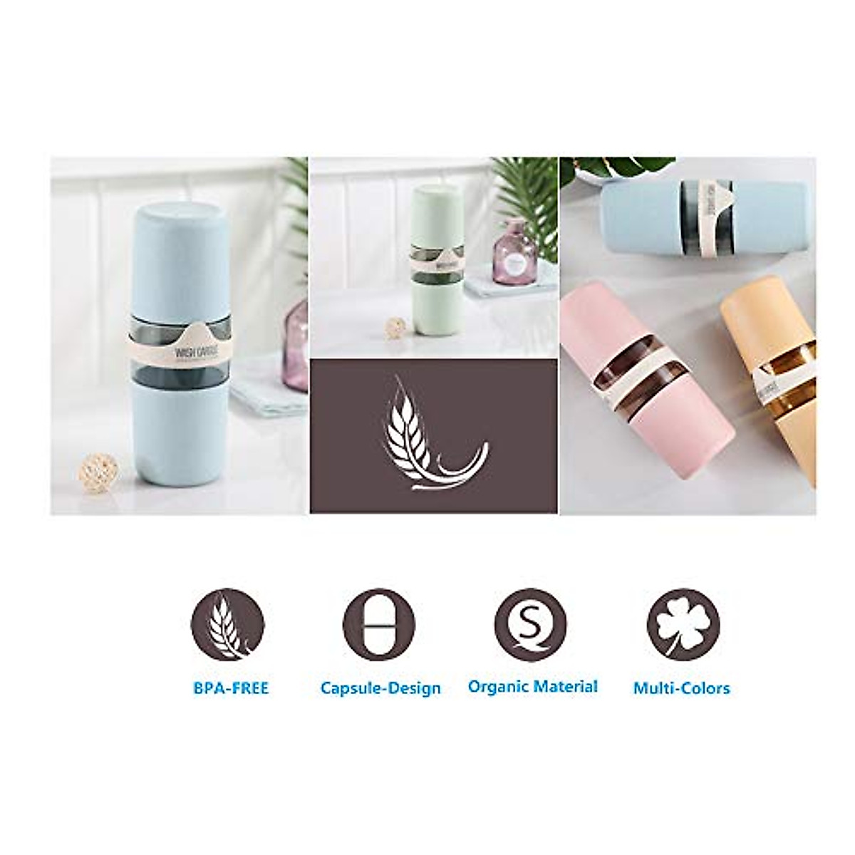 Travel Toothbrush Case & 2 Pack Gargle Cup, YEEHO Portable Electric Toothbrush Container Natural Wheat Straw Dual Holder Towel Toothpaste Organizer Storage for Outdoor Business Trip Wash,Blue