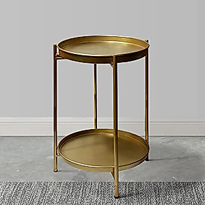 The Urban Port 20-Inch High Round Side End Table with 2-Tier Iron Frame, Matte Gold