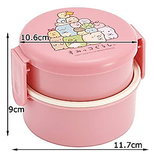 Skater Sumikkogurashi 2 Tier Round Bento Lunch Box with Folk (17oz) - Authentic Japanese Design - Microwave Safe - Pink