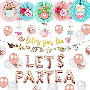 Hombae Tea Party Decorations, Rose Gold Let's Par Tea Balloons, Rose Foil Balloons, Tea Flower Cutouts for Wedding Bridal Shower Engagement Bachelorette Girls Tea Birthday Party