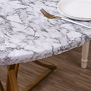 Round Vinyl Fitted Tablecloth with Flannel Backing Elastic Edge Design Table Cover Waterproof Oil-Proof PVC Table Cloth Stain-Resistant Wipeable for Round Table