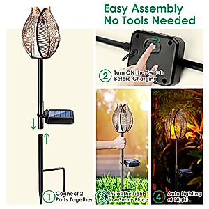 TomCare Solar Lights Outdoor Flickering Flame Solar Garden Lights Metal Flower Lights with Stake Solar Powered Decorative Solar Pathway Lights Waterproof Garden Decor for Outside Yard Patio, 2 Pack