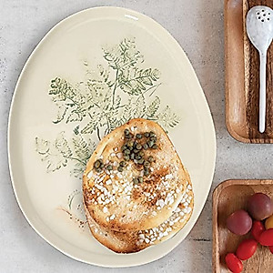 Creative Co-Op Oval Debossed Stoneware Platter, Cream and Green Reactive Glaze, 14''L x 10''W x 1''H