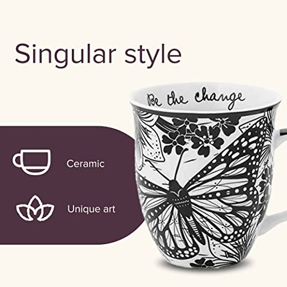 Karma Gifts 16 oz Black and White Boho Mug Butterfly - Cute Coffee and Tea Mug - Ceramic Coffee Mugs for Women and Men