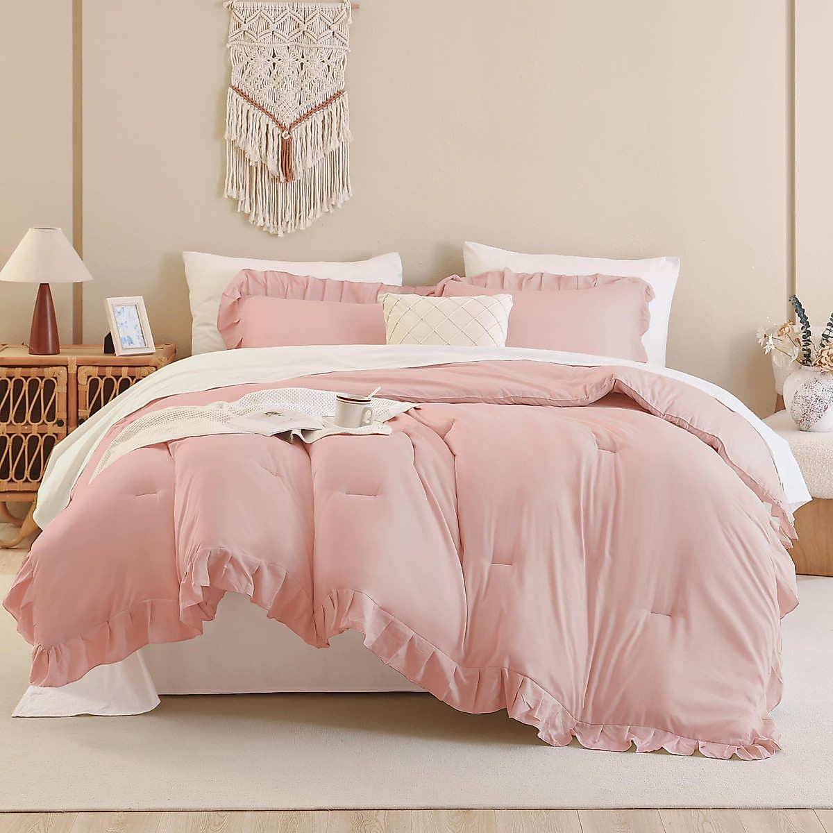 Andency Blush Pink Ruffle Comforter Queen, 3 Pieces Rustic Farmhouse Shabby Chic Comforter, All Season Soft Microfiber Down Alternative Bedding Comforter Set