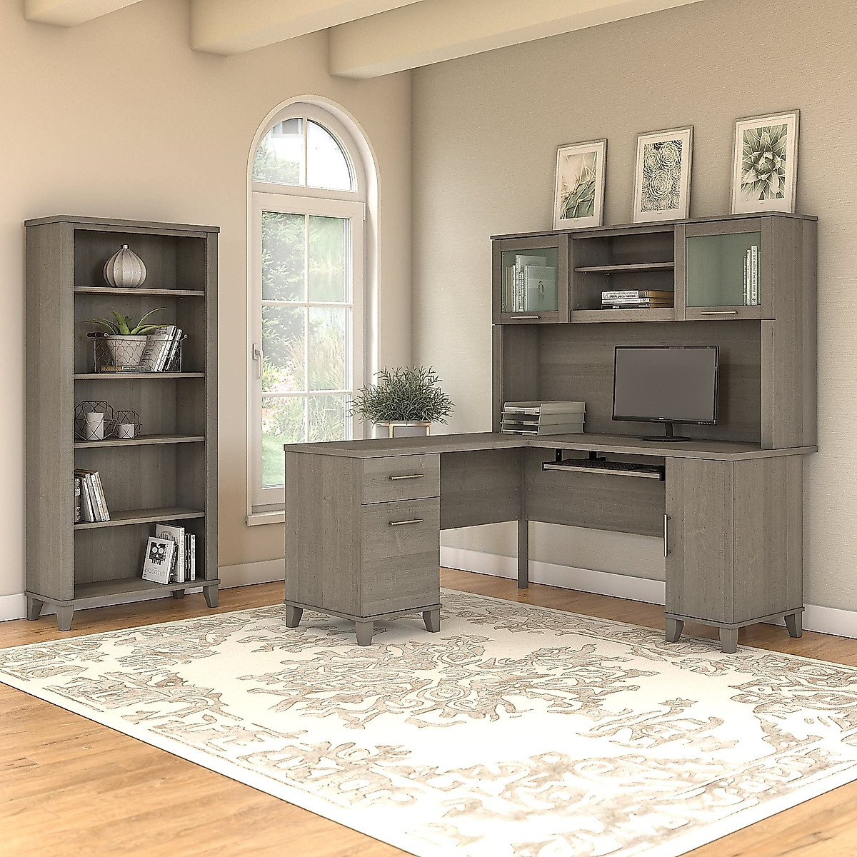 Bush Furniture Somerset 60W L Shaped Desk with Hutch and 5 Shelf Bookcase in Ash Gray