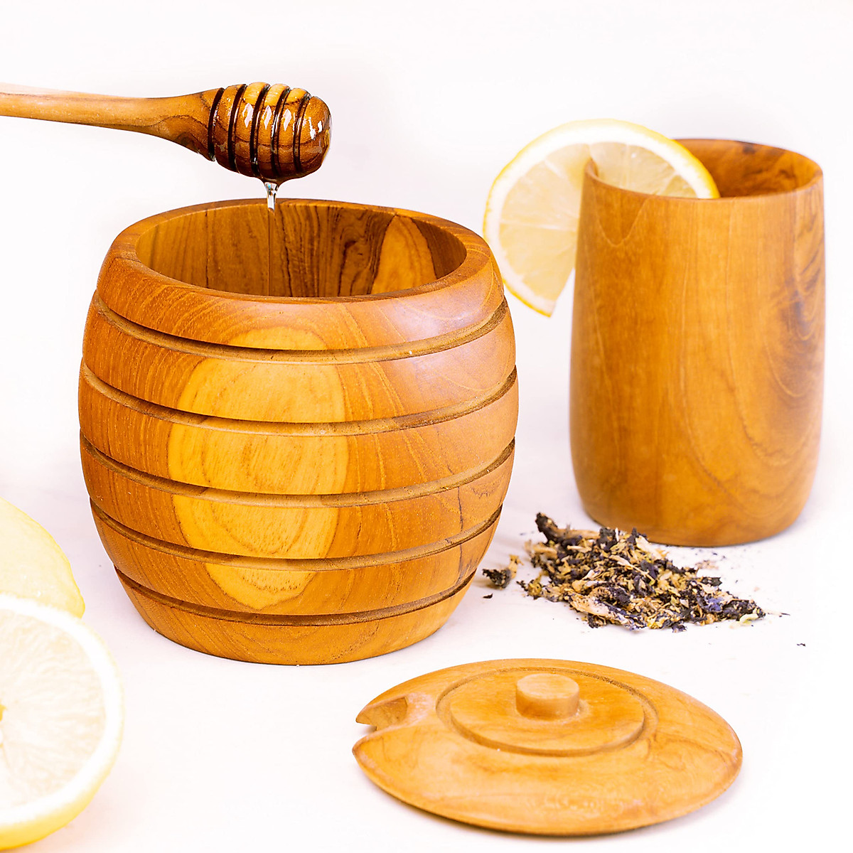 Rainforest Bowls Javanese Teak Wood Honey Jar w/Dipper Set- Ideal for Storing Honey, Jam & Syrups- Ultra-Durable- Premium Wooden Honey Jar Handcrafted by Indonesian Artisans