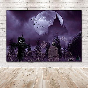 MEHOFOND 7x5ft Halloween Photography Backdrop Misty Forest Haunted House Decoration Purple Scarecrow Dark and Spooky Party Supplies Photography Background Zombie Themed Party Skeleton Prop