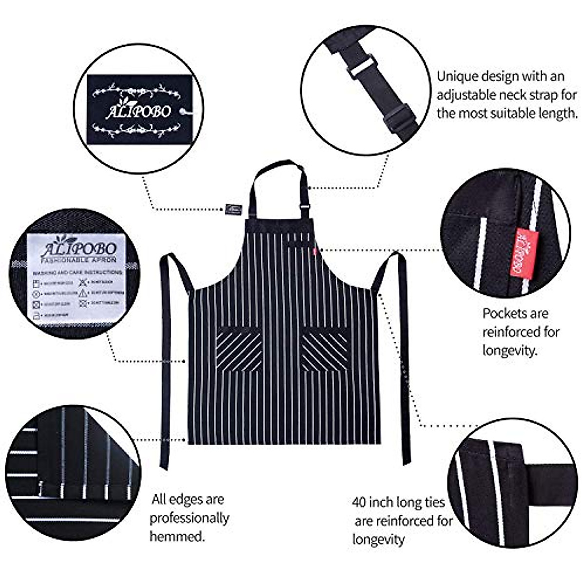ALIPOBO Aprons for Women and Men, Kitchen Chef Apron with 3 Pockets and 40" Long Ties, Adjustable Bib Apron for Cooking, Serving - 32" x 28" - Black/White Pinstripe - 1 Pcs