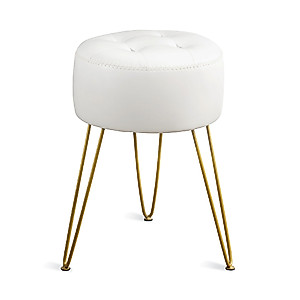 LUE BONA Faux Leather Vanity Stool Chair for Makeup Room, White Stool for Vanity, 19” Height, Tufted Vanity Chair Stool with Metal Legs, Modern Foot Stool Ottoman for Bedroom, Living Room